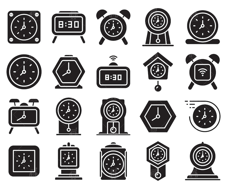 Clock Icons, Alarm Timer Pendulum, Analog and Clock Tower Icons Clip ...