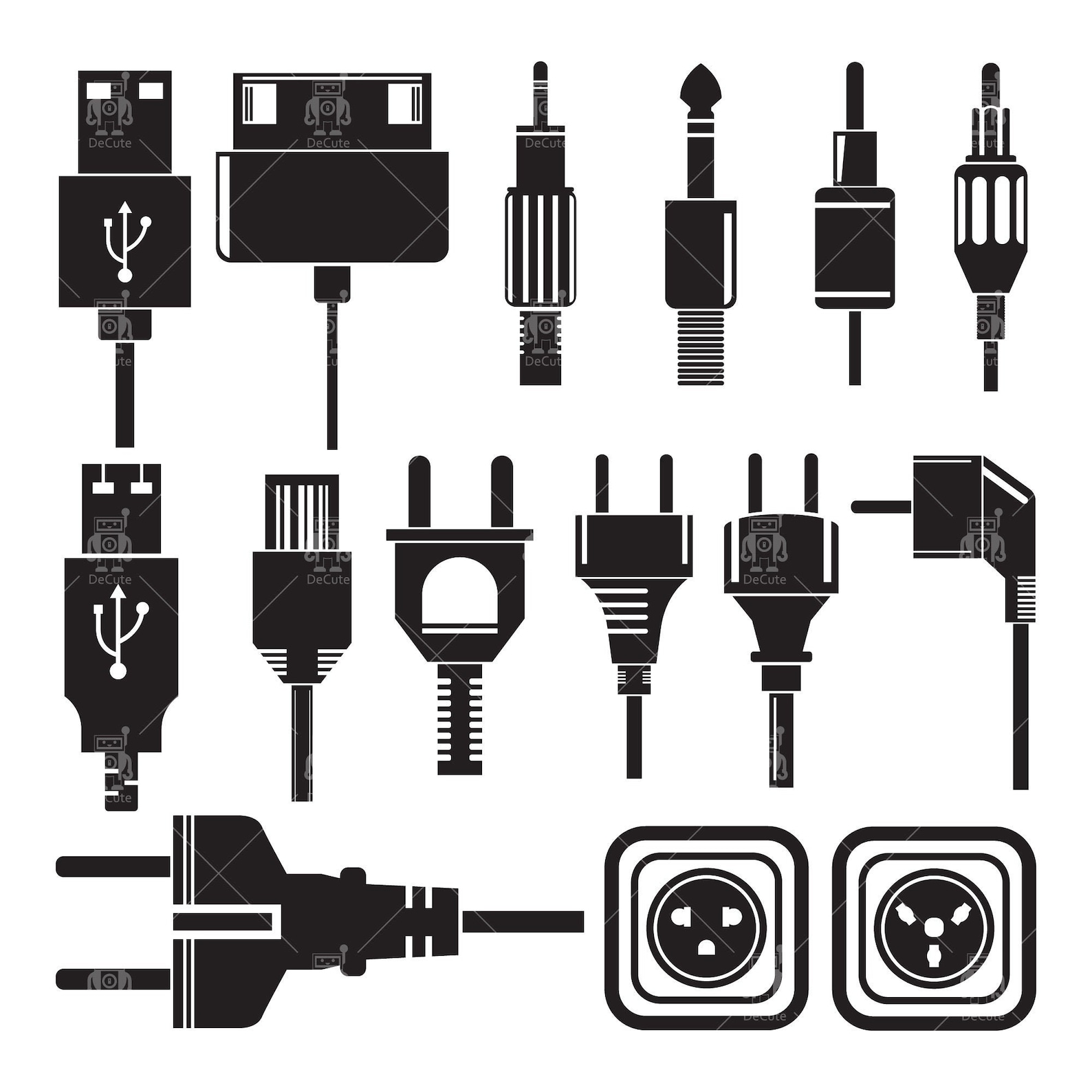 Electric Plug, Audio Plug, Jack Plug Usb and Outlet Clip Arts Set ...