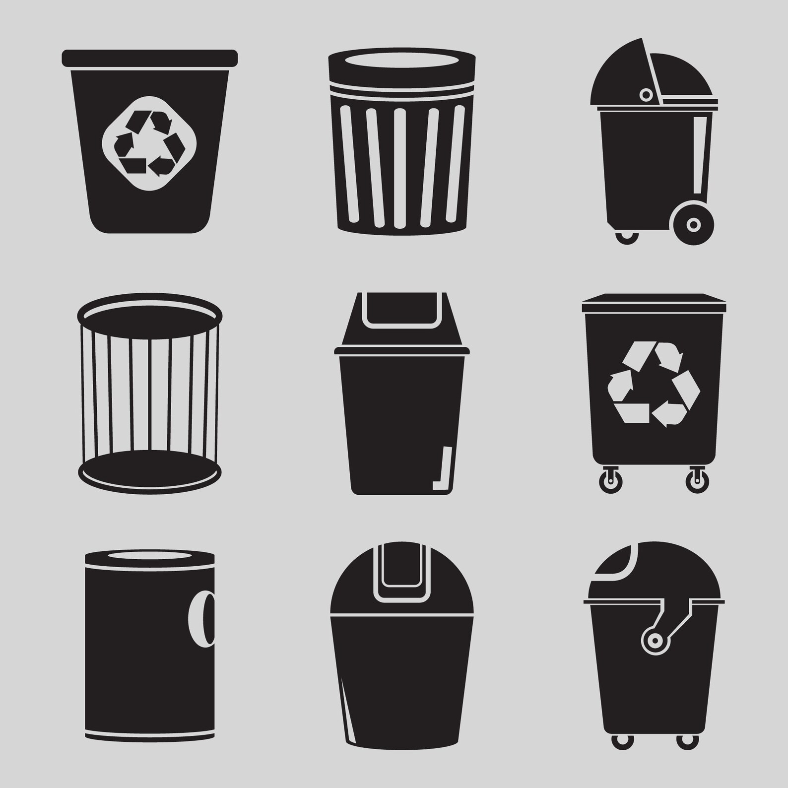 Recycle Bin, Bucket, Trash Can, Garbage Symbol Clip Arts Set Vector ...