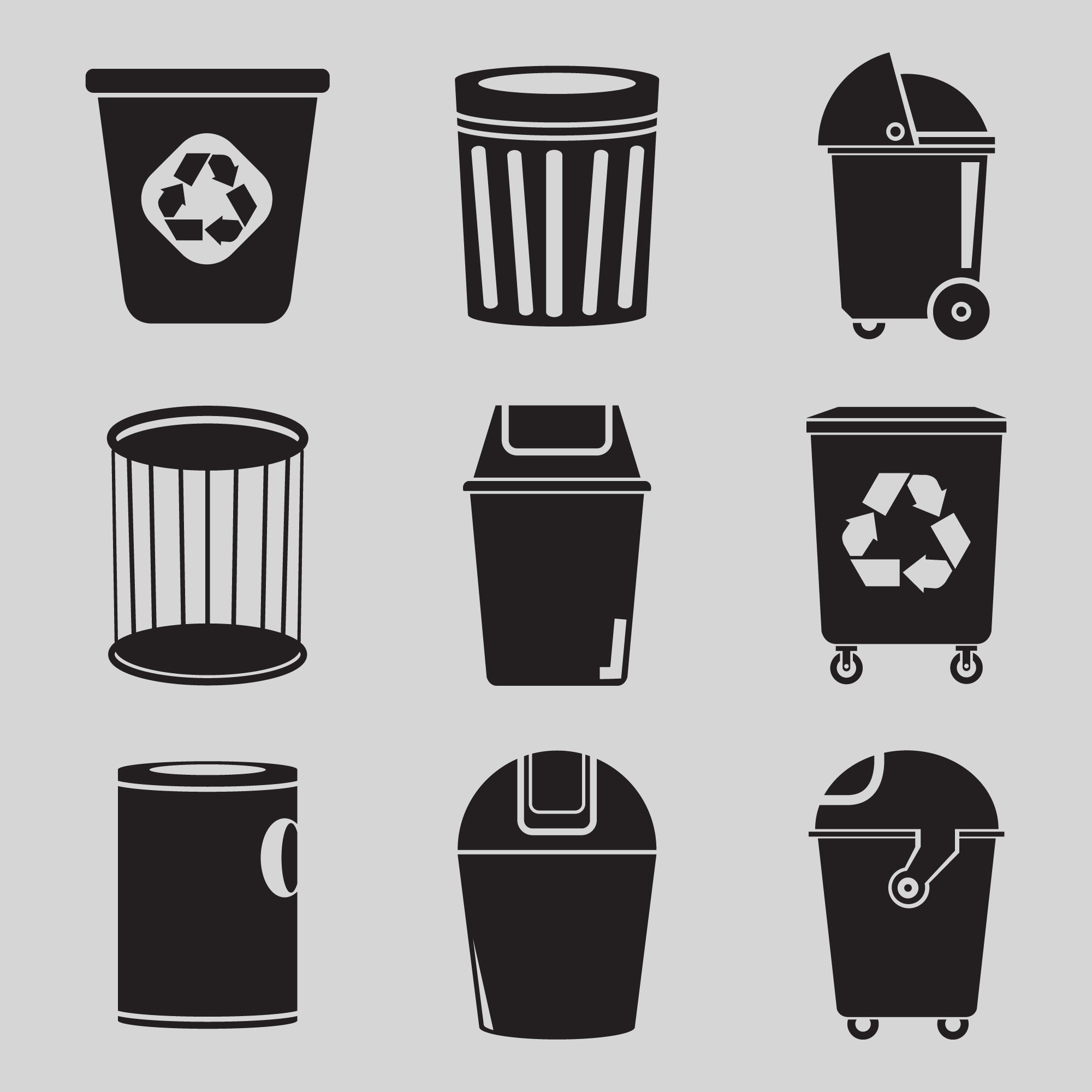 Recycle Bin, Bucket, Trash Can, Garbage Symbol Clip Arts Set Vector ...