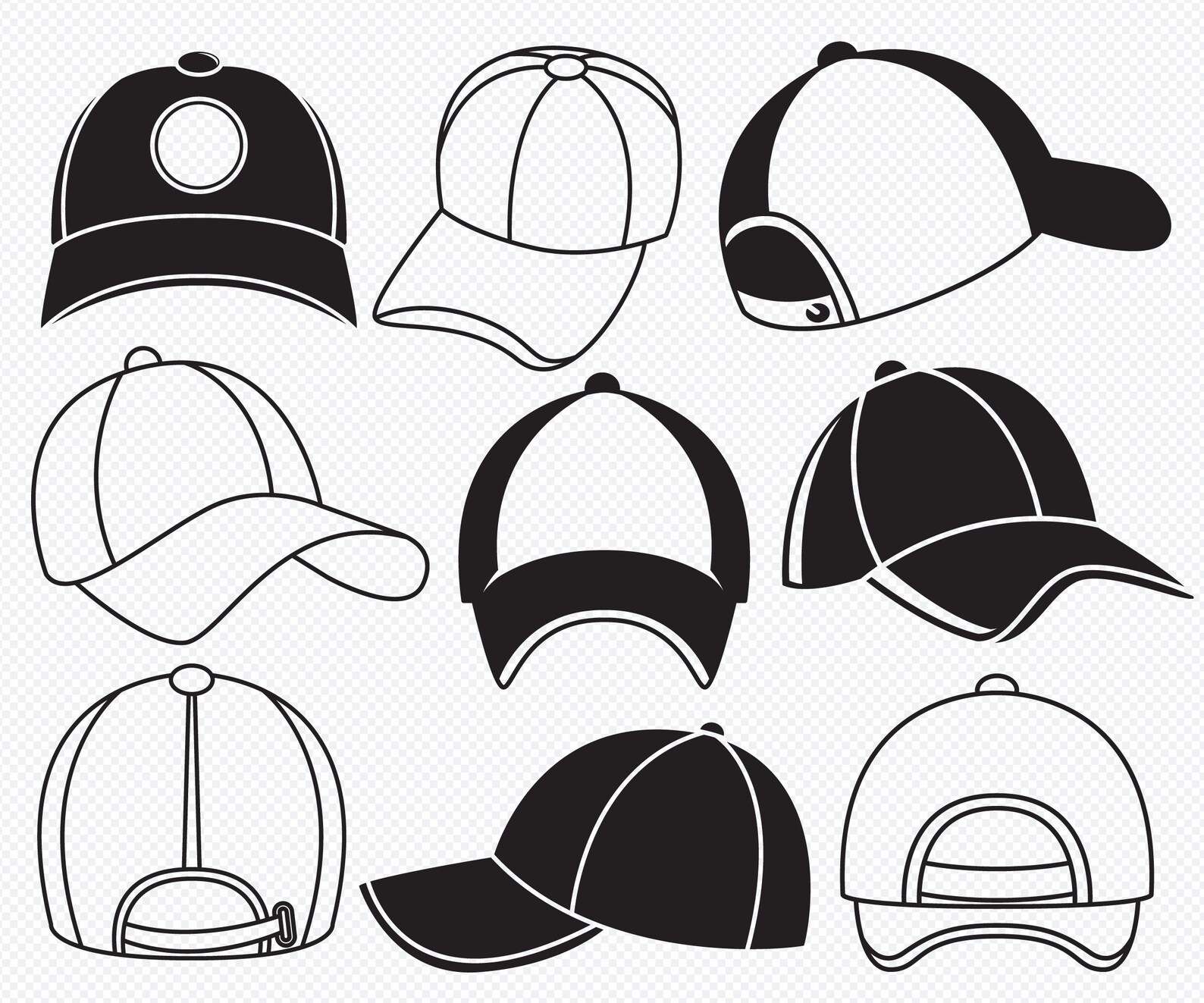 Baseball Caps, Baseball Cap Svg, Cap Icons, Cap Silhouette Front, Back ...