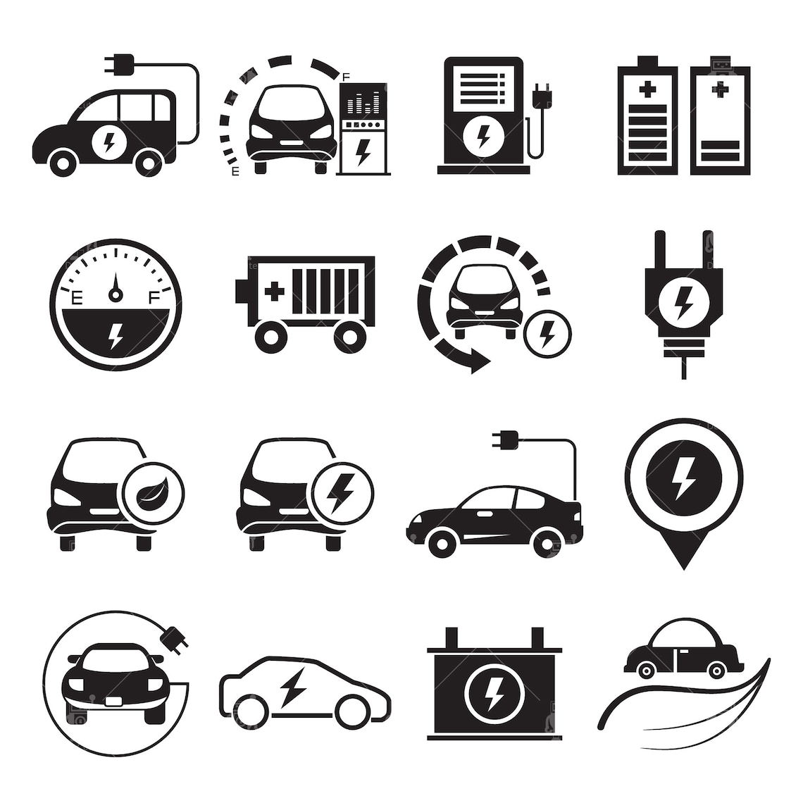 Electric Vehicle Icons, Electric Car With Plug, Battery, Eco Car ...
