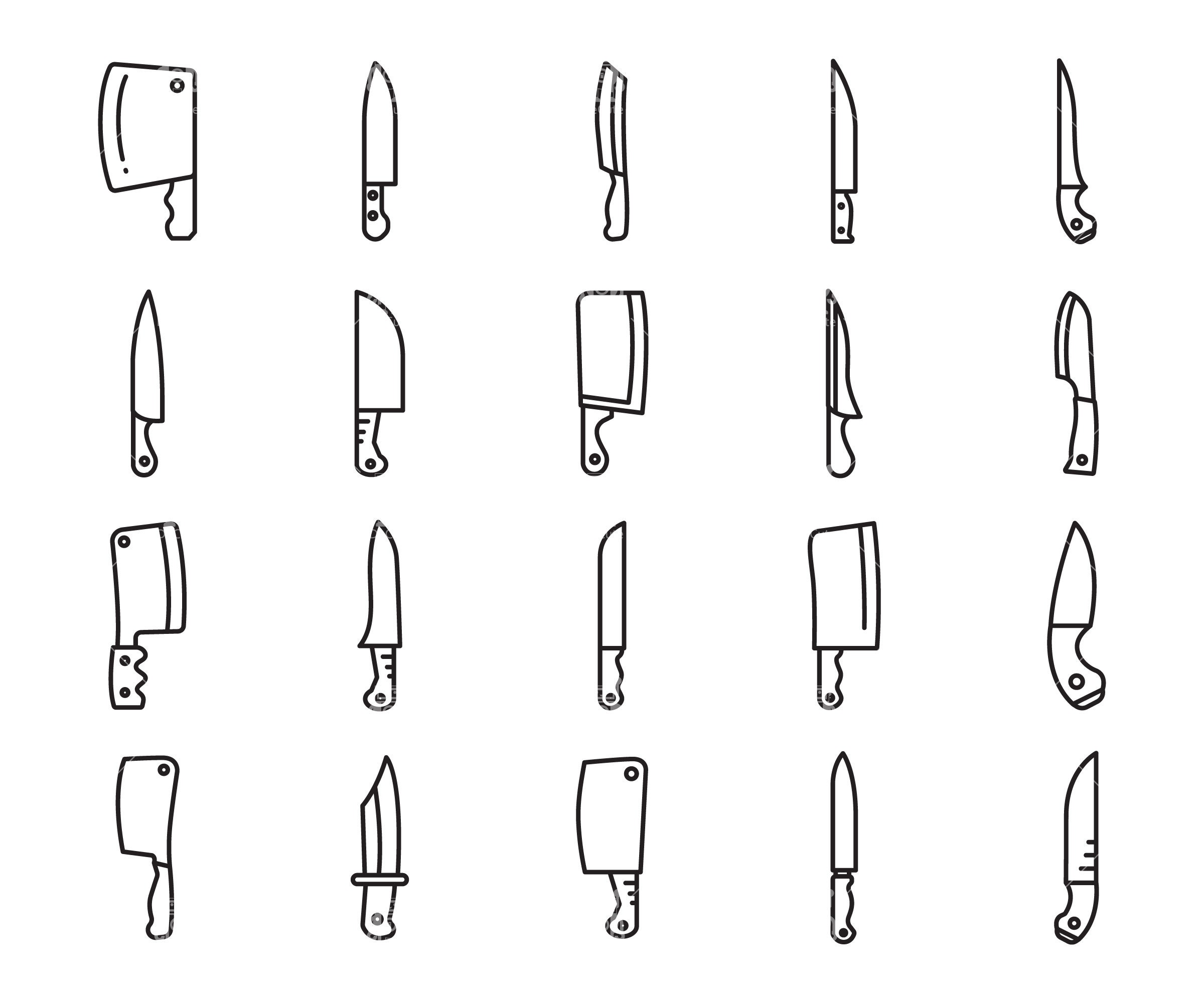 Kitchen Knife Icons, Butcher Knife, Chef Knife, Cutter Line ...