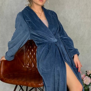 Long Blue Velvet Robe With Pockets Eco Cotton 100% Natural | Etsy