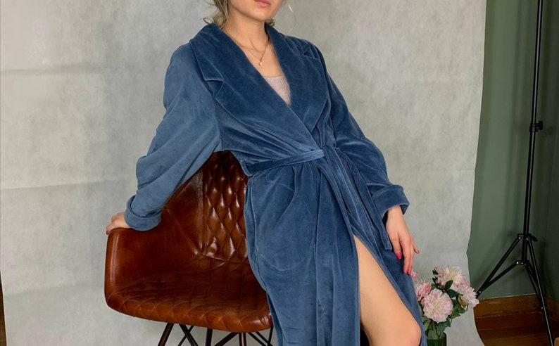 Long Blue Velvet Robe With Pockets Eco Cotton 100% Natural | Etsy