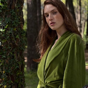Long Robe From Organic Cotton Velvet / Green Robe / Dressing Gown ...