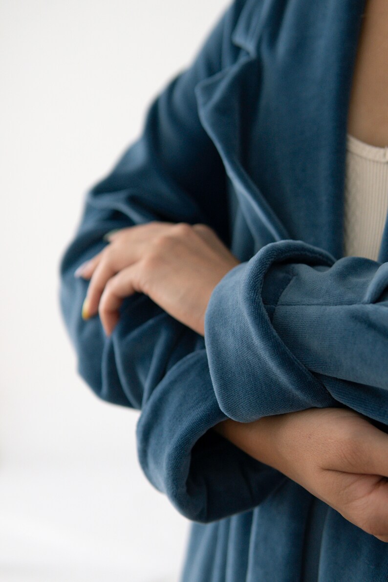 Long Blue Velvet Robe With Pockets Eco Cotton 100% Natural - Etsy