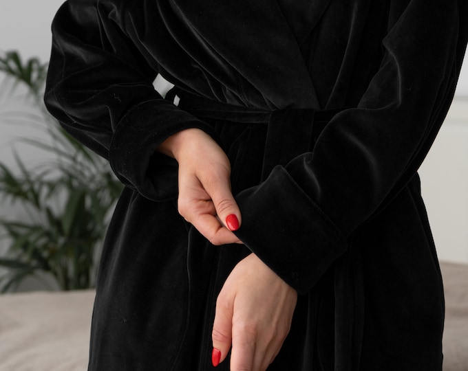 Long Black Robe From Eco Velvet 100% Cotton - Etsy