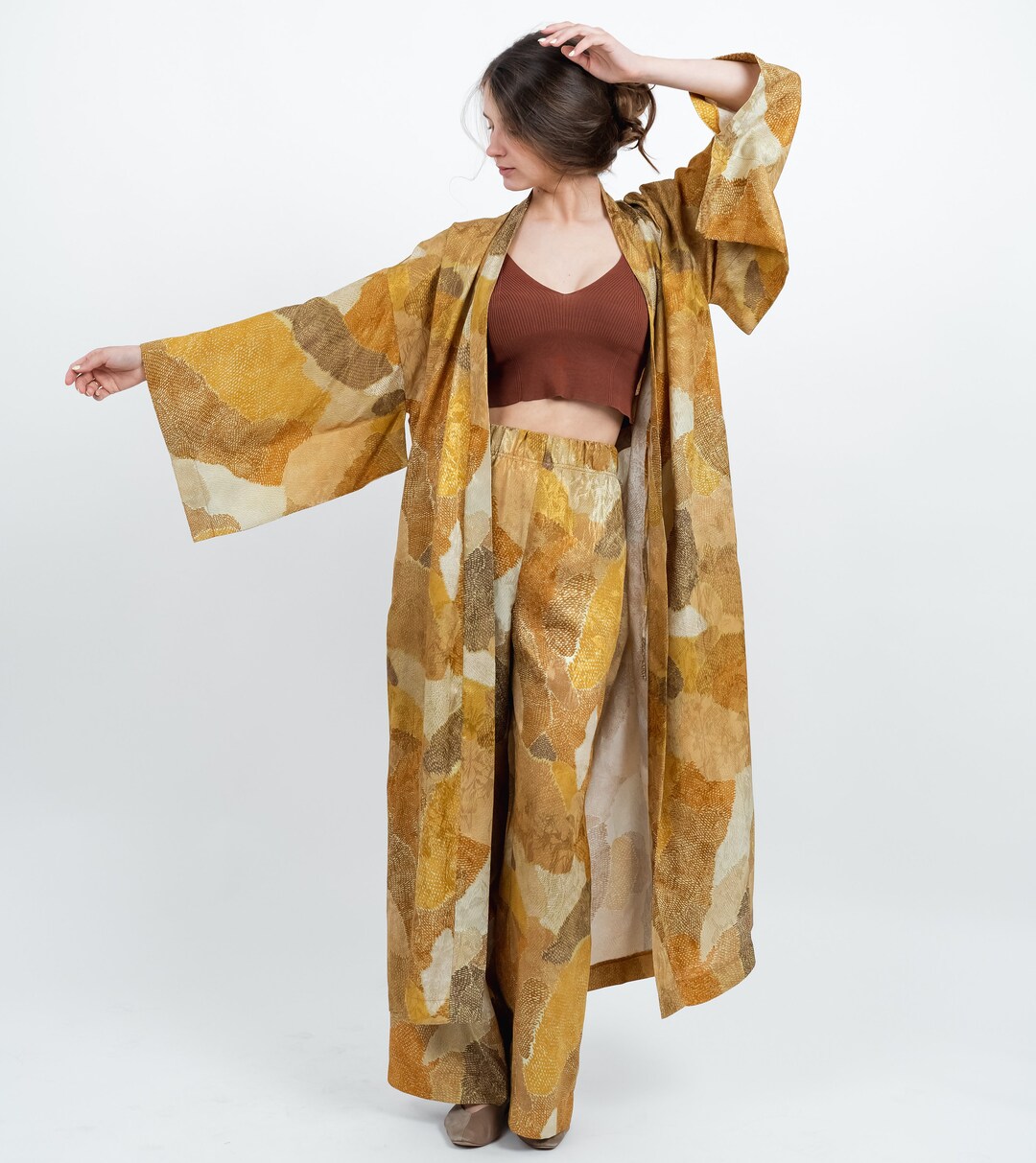 Luxury Long Kimono With Pockets and Belt Beach Outfit Unisex Caramel ...