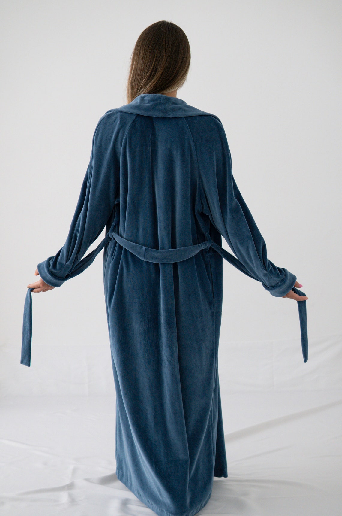 Long Blue Velvet Robe With Pockets Eco Cotton 100% Natural | Etsy