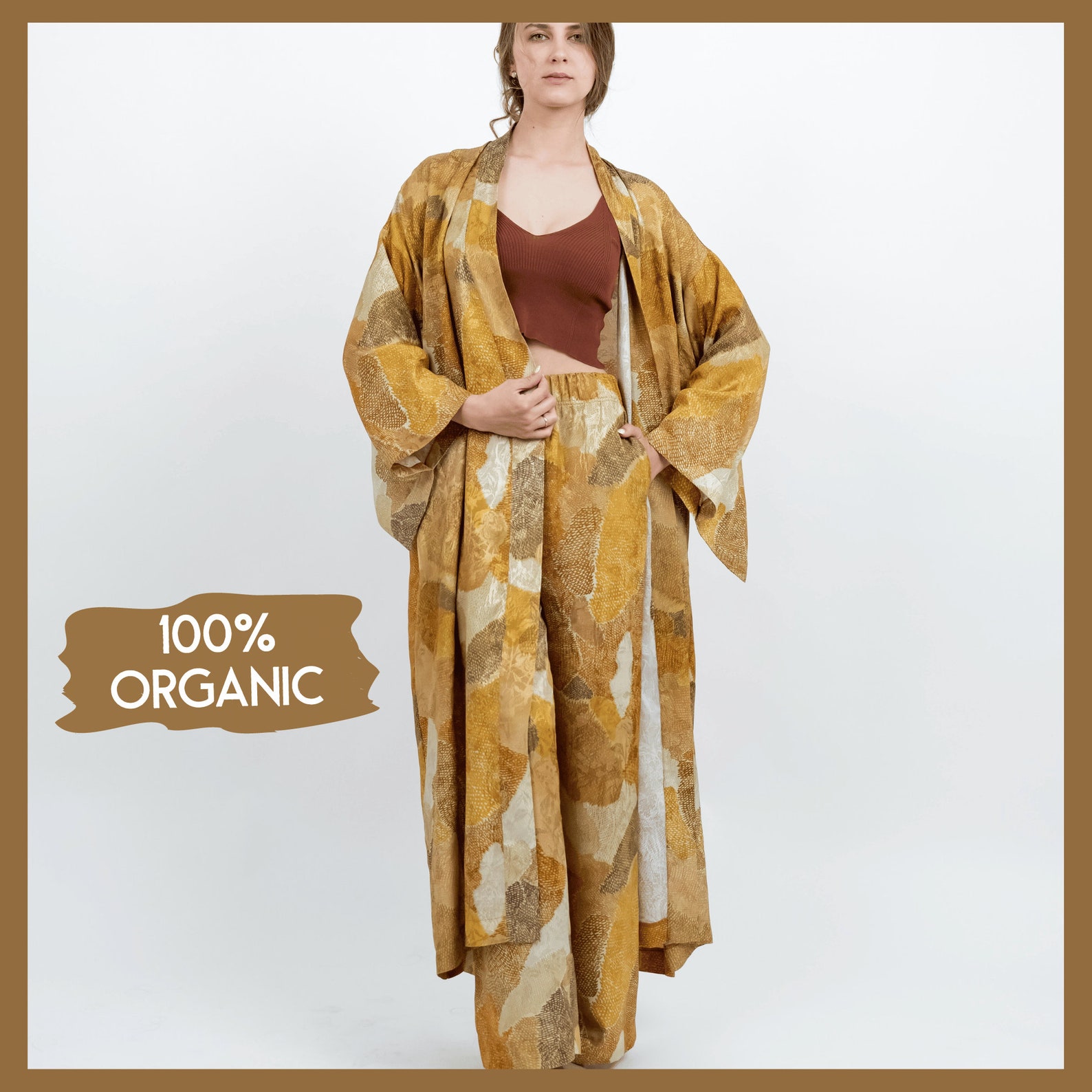 Luxury Long Kimono With Pockets and Belt Beach Outfit Unisex Caramel ...