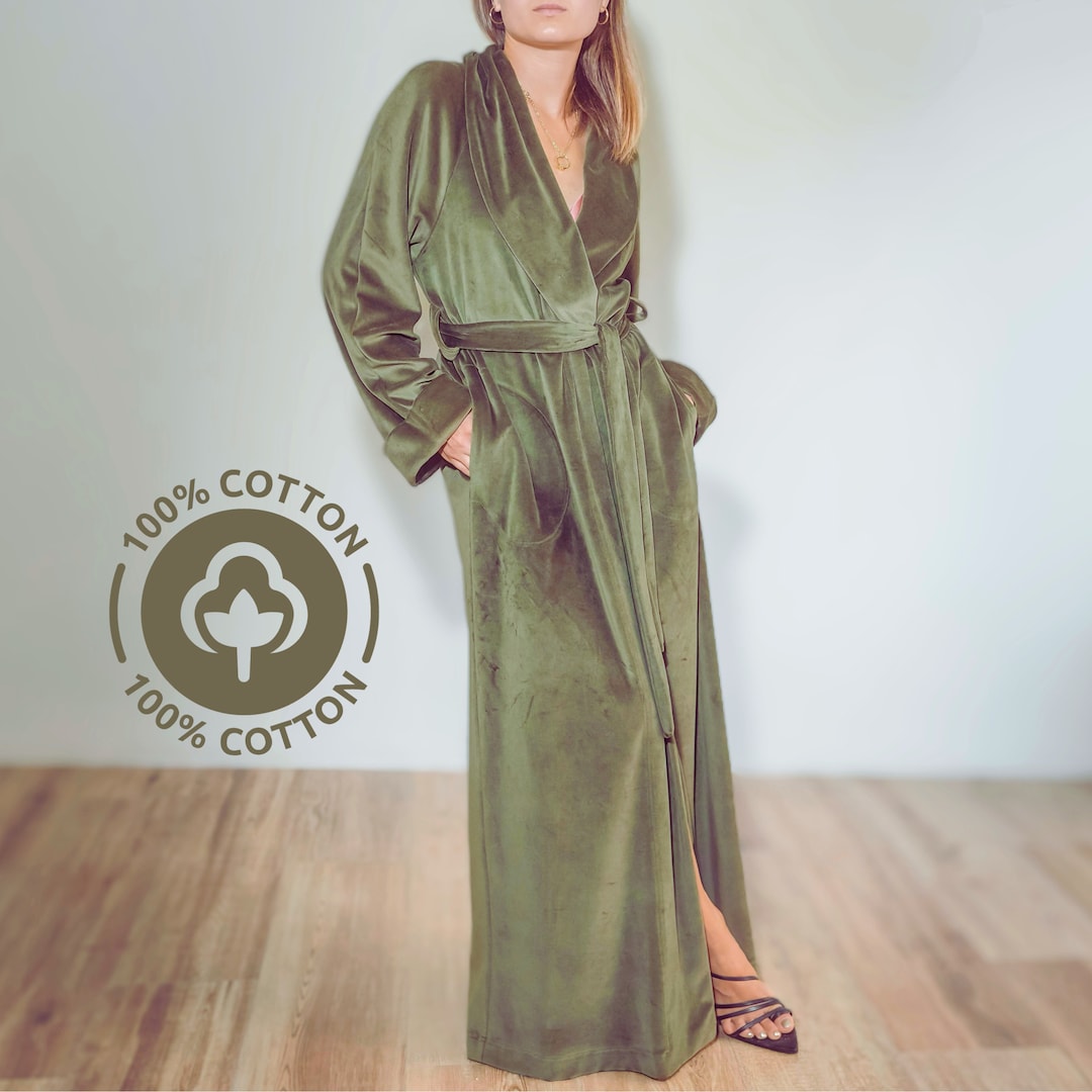 Long Green Robe From Eco Velvet 100% Cotton - Etsy