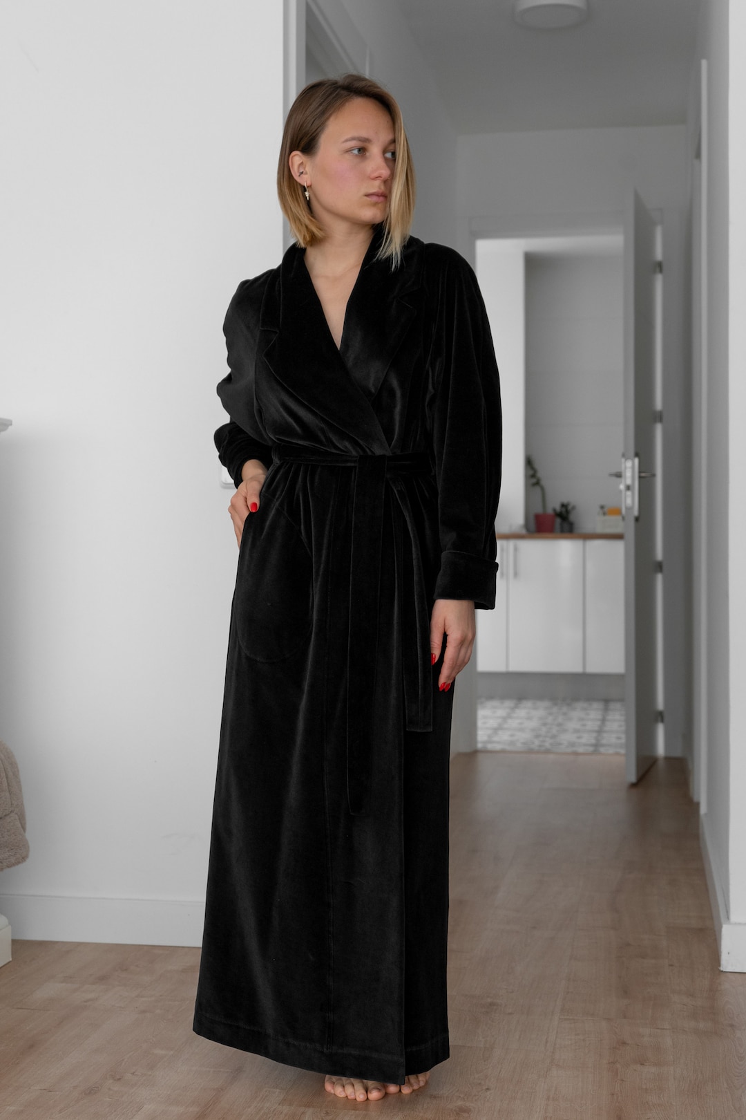 Long Black Robe From Eco Velvet 100% Cotton - Etsy
