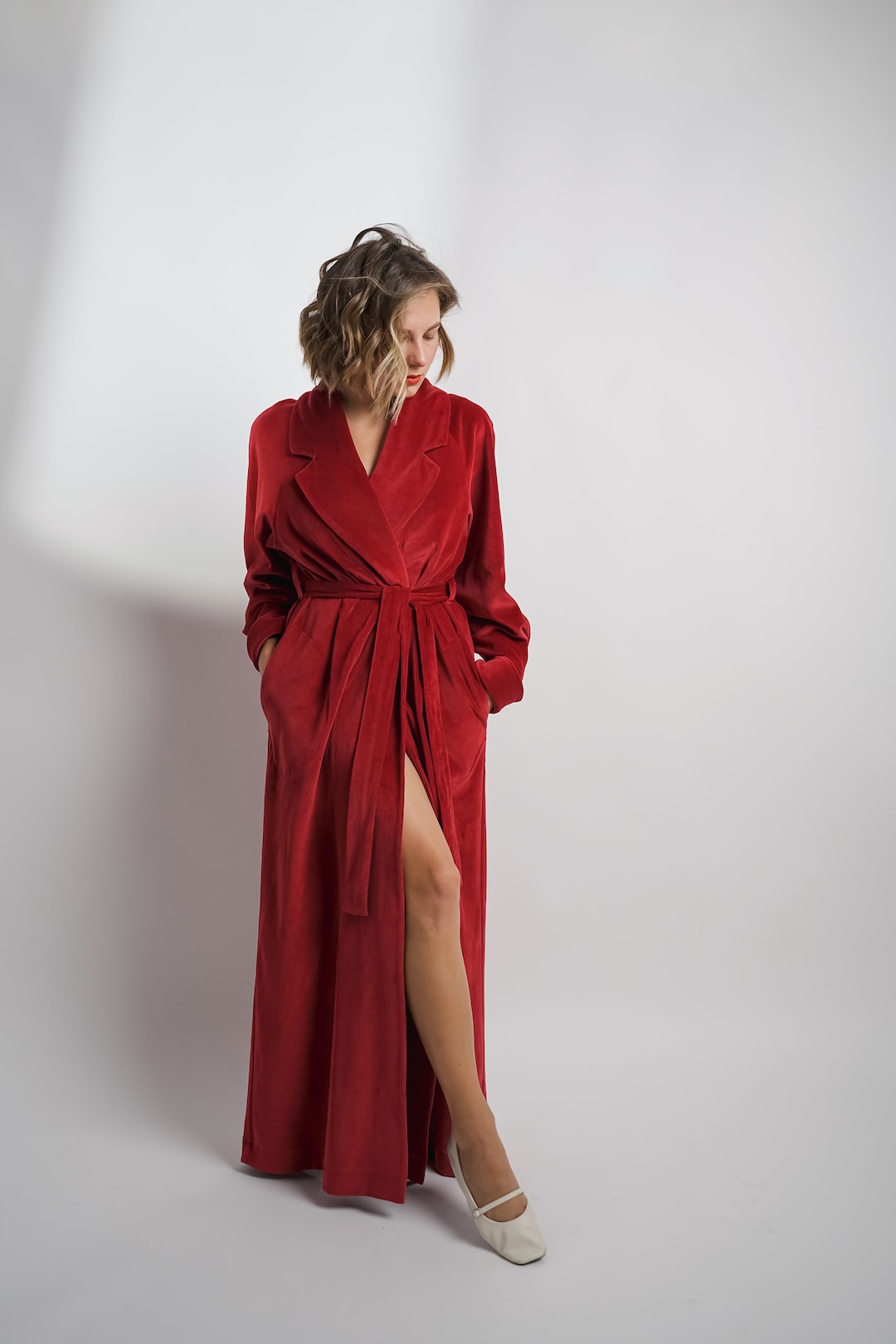Long Red Robe From Cotton Velvet With Pockets Wrap Long Women Robe - Etsy