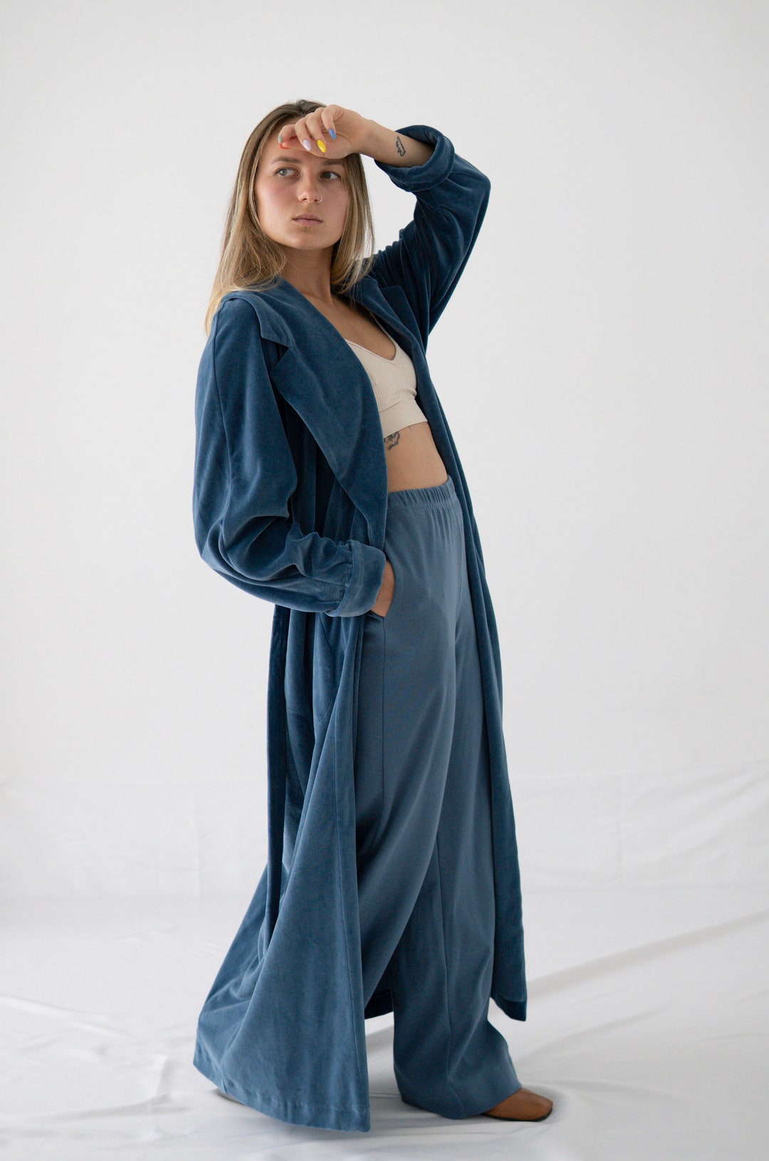 Long Blue Velvet Robe With Pockets Eco Cotton 100% Natural - Etsy