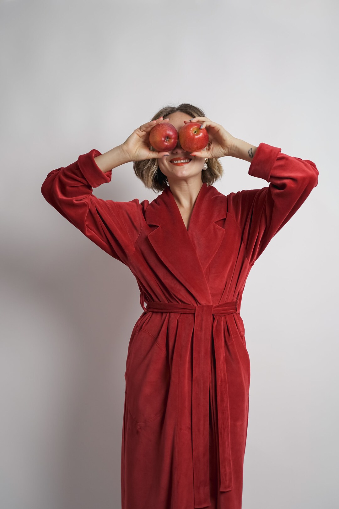 Long Red Robe From Cotton Velvet With Pockets Wrap Long Women Robe - Etsy