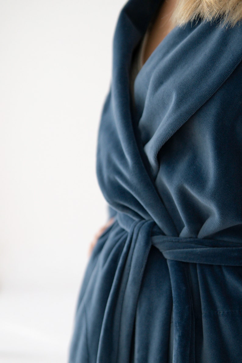 Long Blue Velvet Robe With Pockets Eco Cotton 100% Natural | Etsy