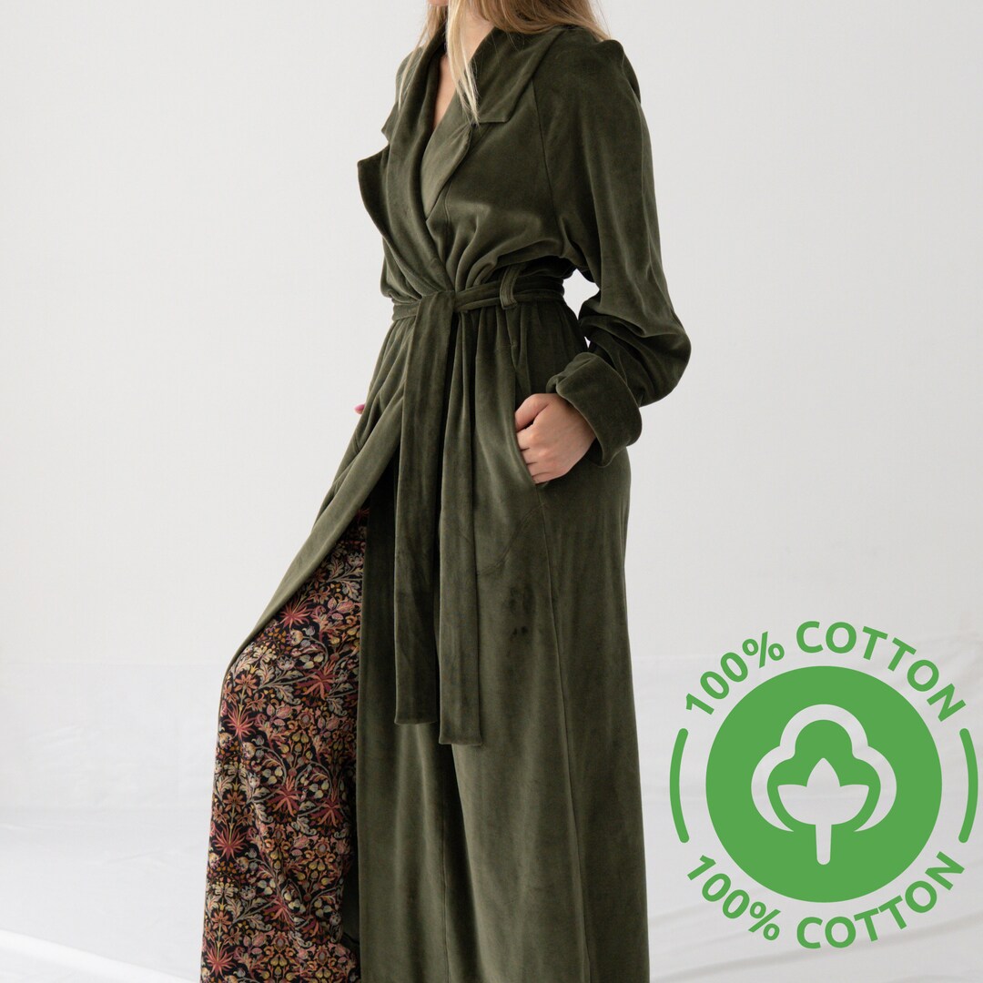 Long Green Robe From Eco Velvet 100% Cotton - Etsy