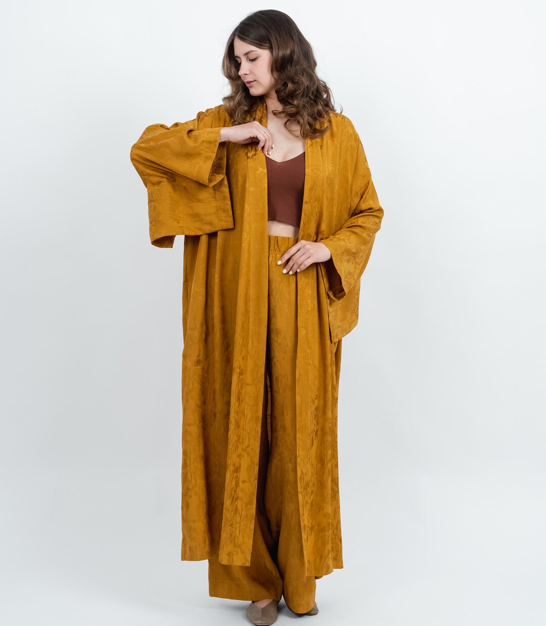 Long Kimono With Pockets and Belt Caramel Color - Etsy