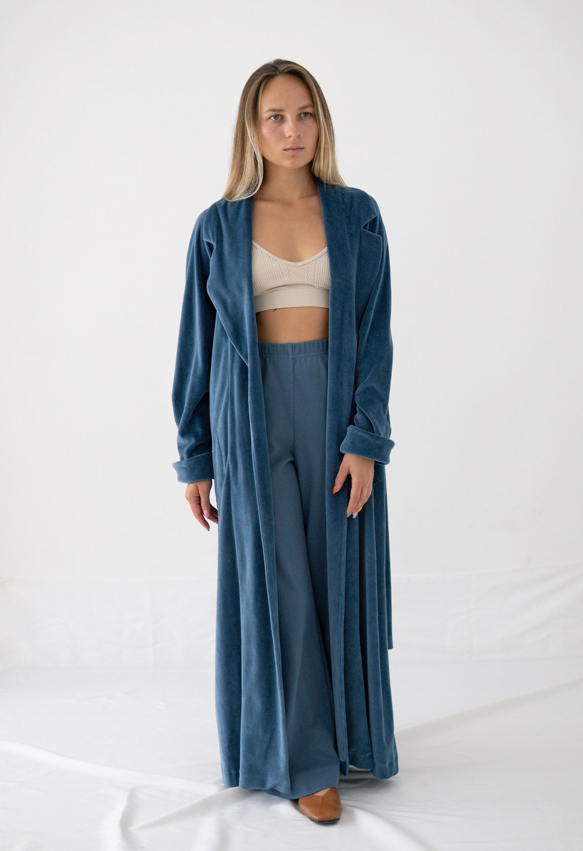Long Blue Velvet Robe With Pockets Eco Cotton 100% Natural | Etsy
