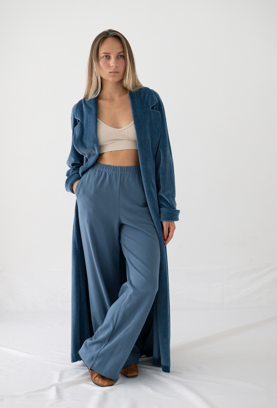 Long Blue Velvet Robe With Pockets Eco Cotton 100% Natural | Etsy