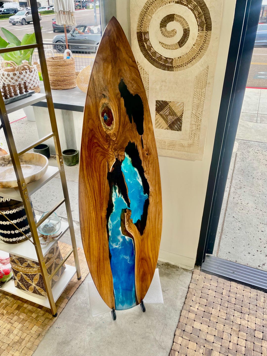 Blue Resin Wave Surfboard With Teak Wood - Etsy