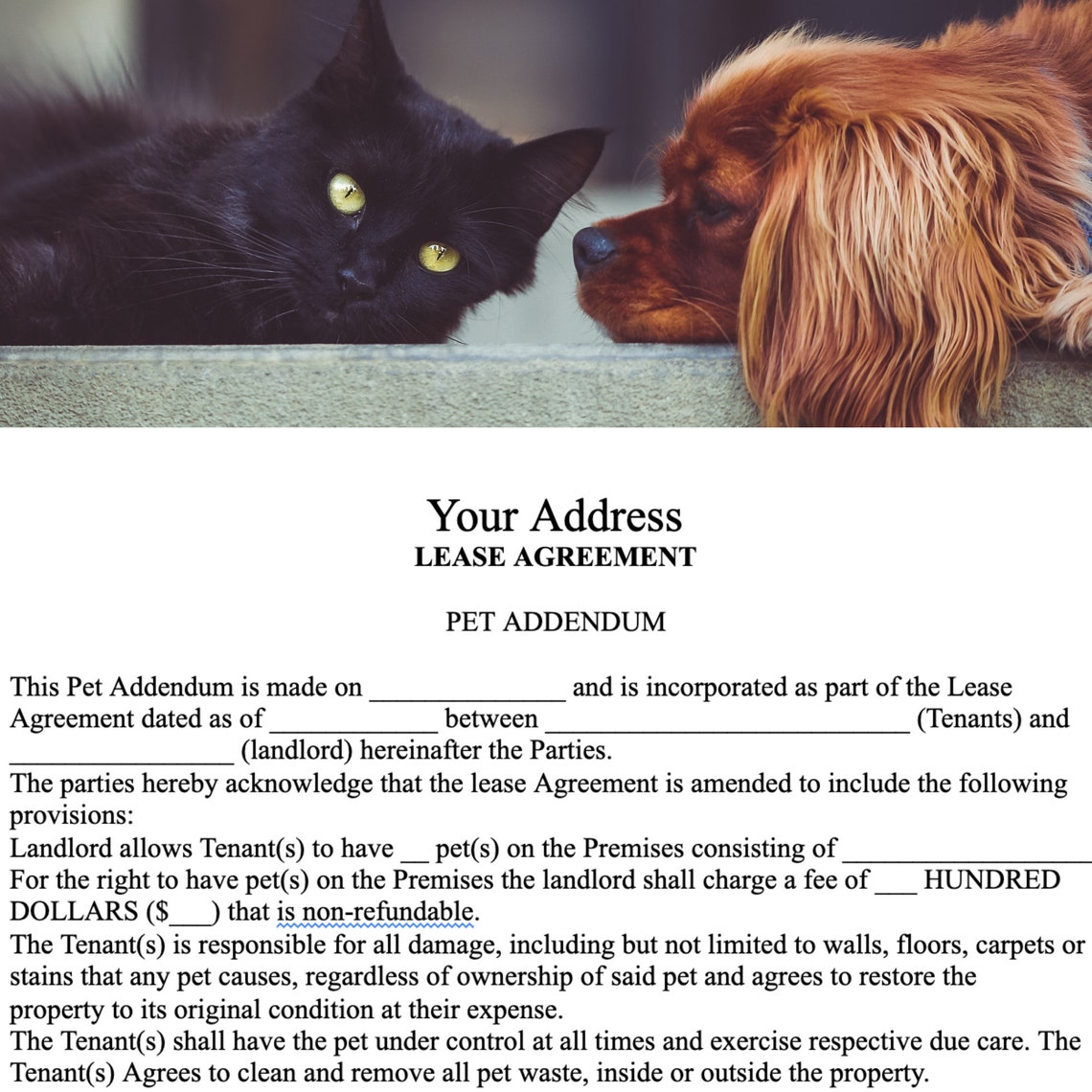 Pet Addendum for Residential Lease Agreement, Editable Pet Addendum ...
