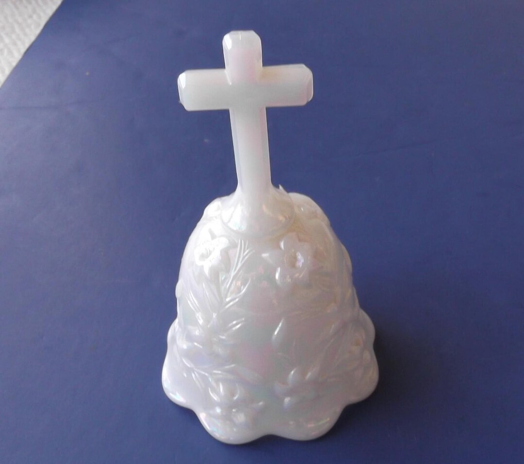 White Iridescent Fenton Glass Bell With Cross and Easter Lilies - Etsy