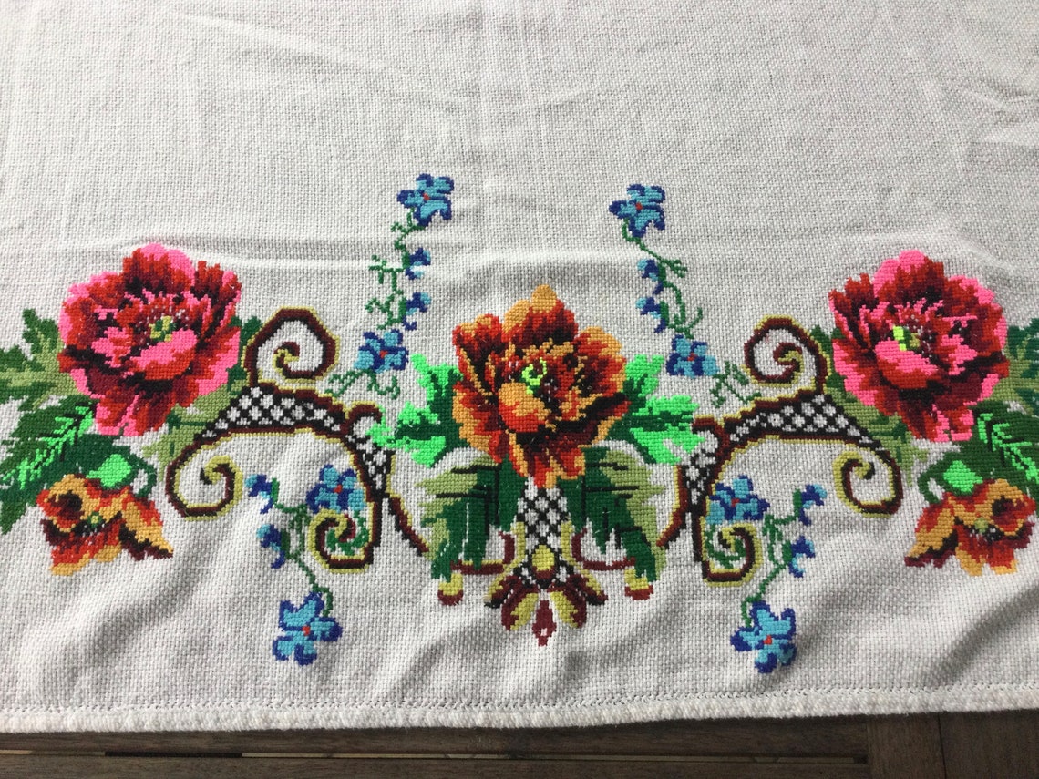 Vintage Ukrainian Fabric Embroidered Textile Handmade Cross Stitch ...