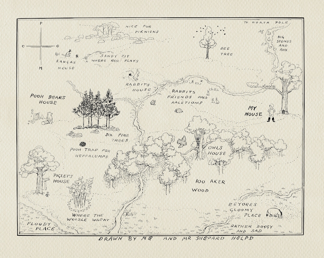 100 Acre Wood Map - Winnie the Pooh Illustration Classic Vintage Style ...