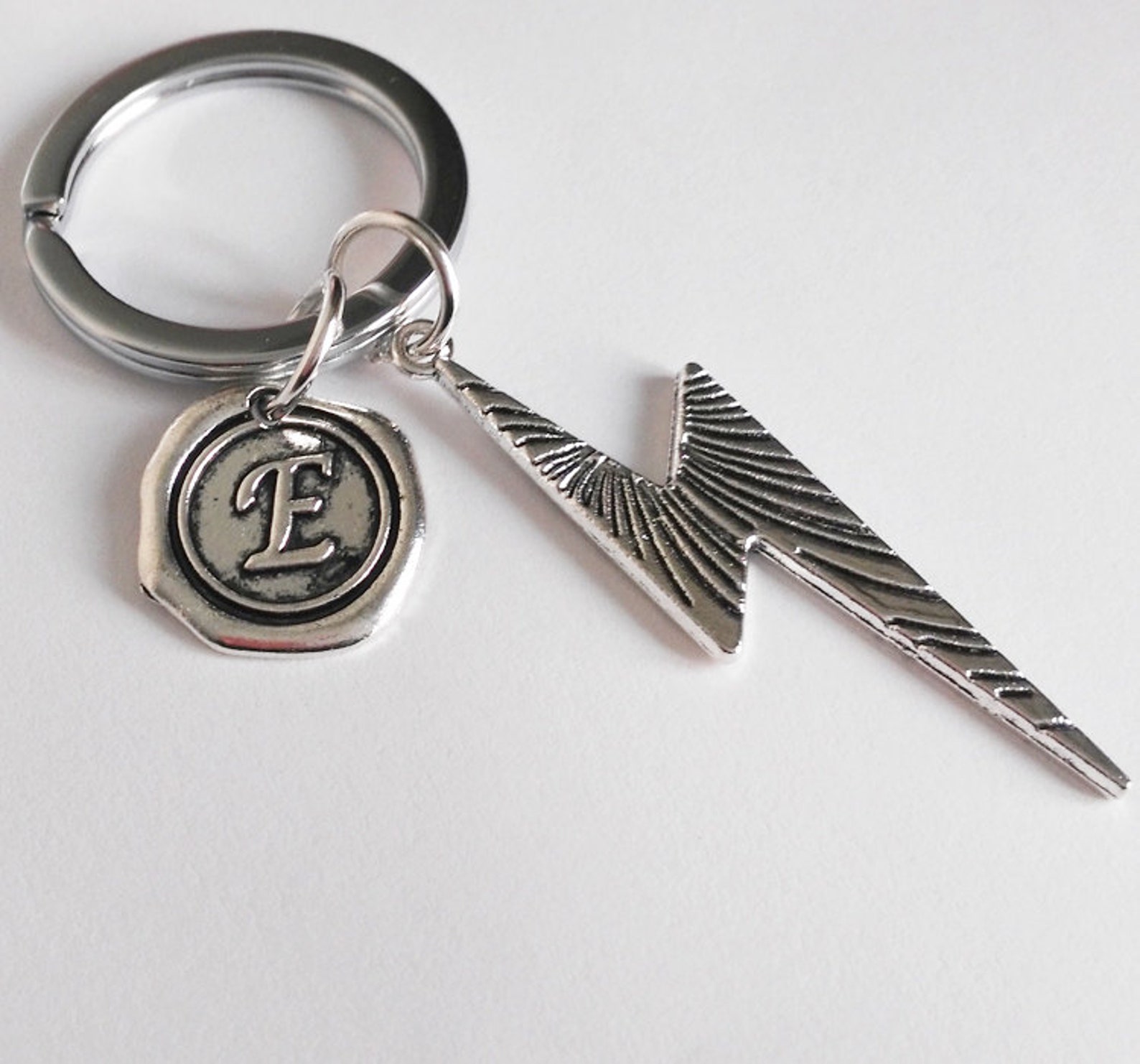 Antique Silver Keychain Lightning bolt charm and personalized | Etsy