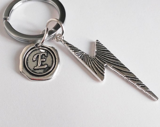Antique Silver Keychain, Lightning Bolt Charm and Personalized Letter ...