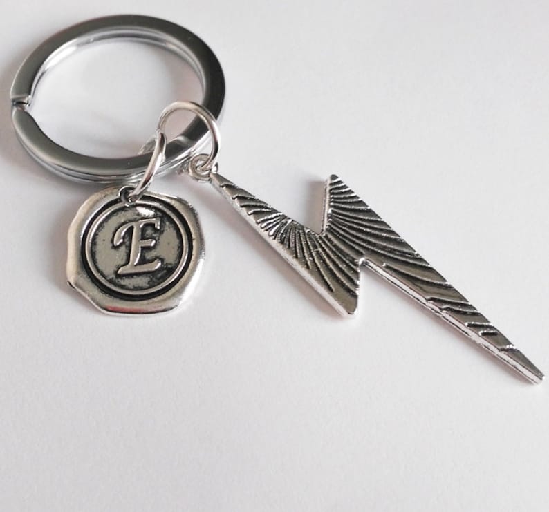 Antique Silver Keychain Lightning Bolt Charm and Personalized - Etsy