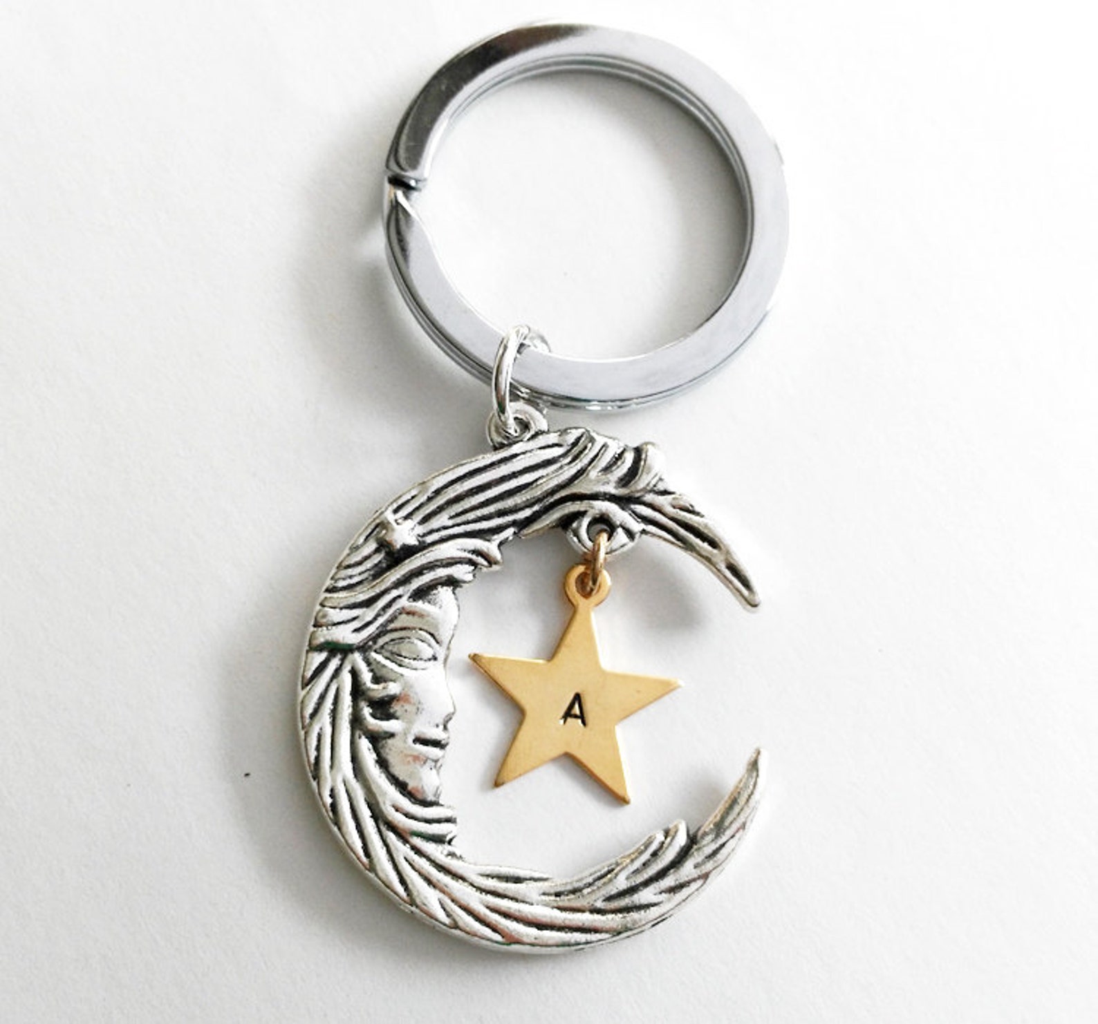 Antique Silver Keychain Lady Moon Charm and Star Letter Key - Etsy