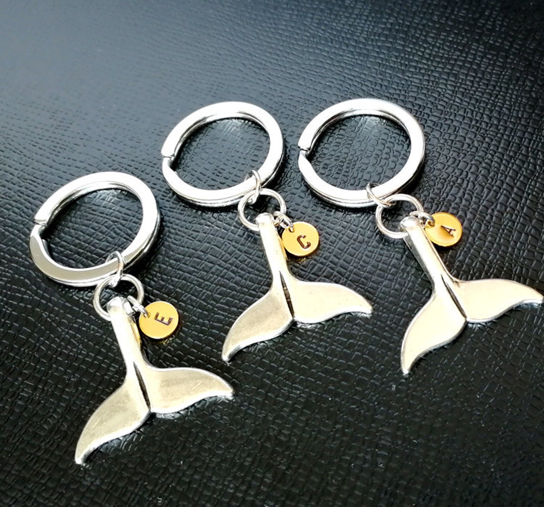 Antique Silver Keychain, 3D Whale Tail and Personalized Initial ...