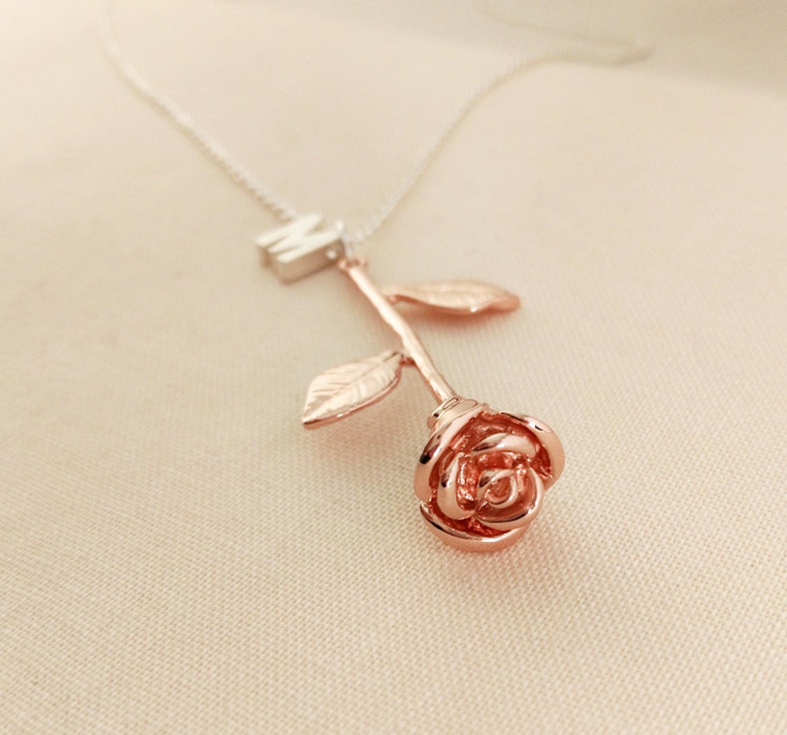 Rose Necklace Personalized Initial Golden Rose Birthday - Etsy