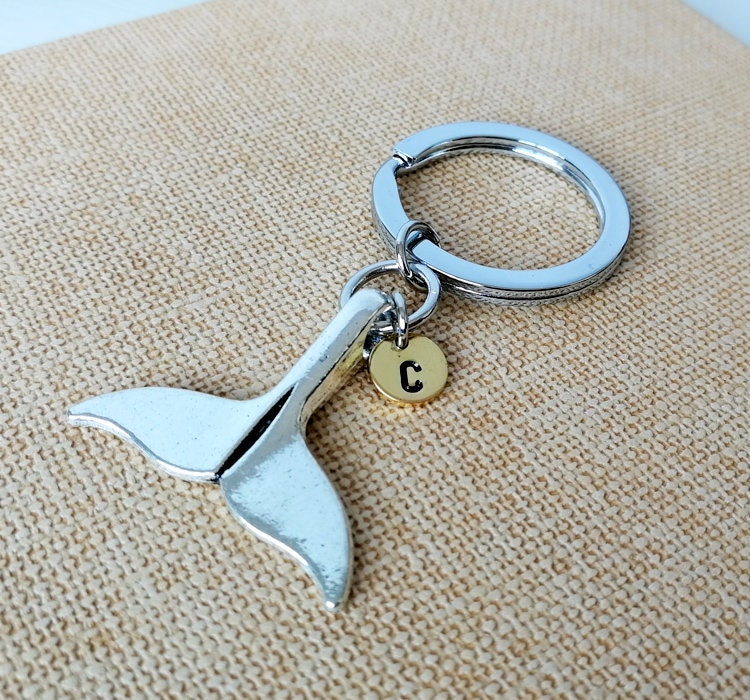 Antique Silver Keychain, 3D Whale Tail and Personalized Initial ...