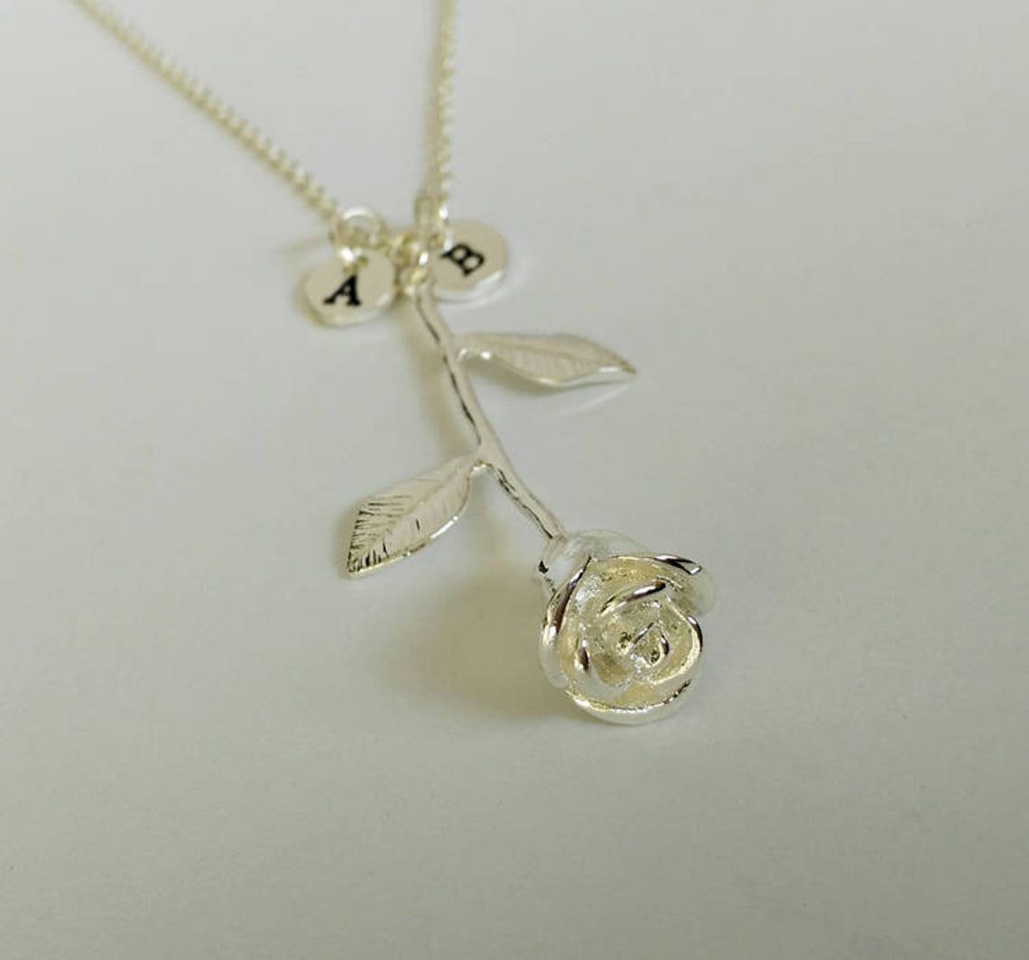 Silver Rose Necklace Personalized Initialrose Charm | Etsy