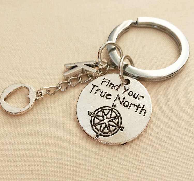 Antique Silver Keychain Compass charm and personalized letter | Etsy
