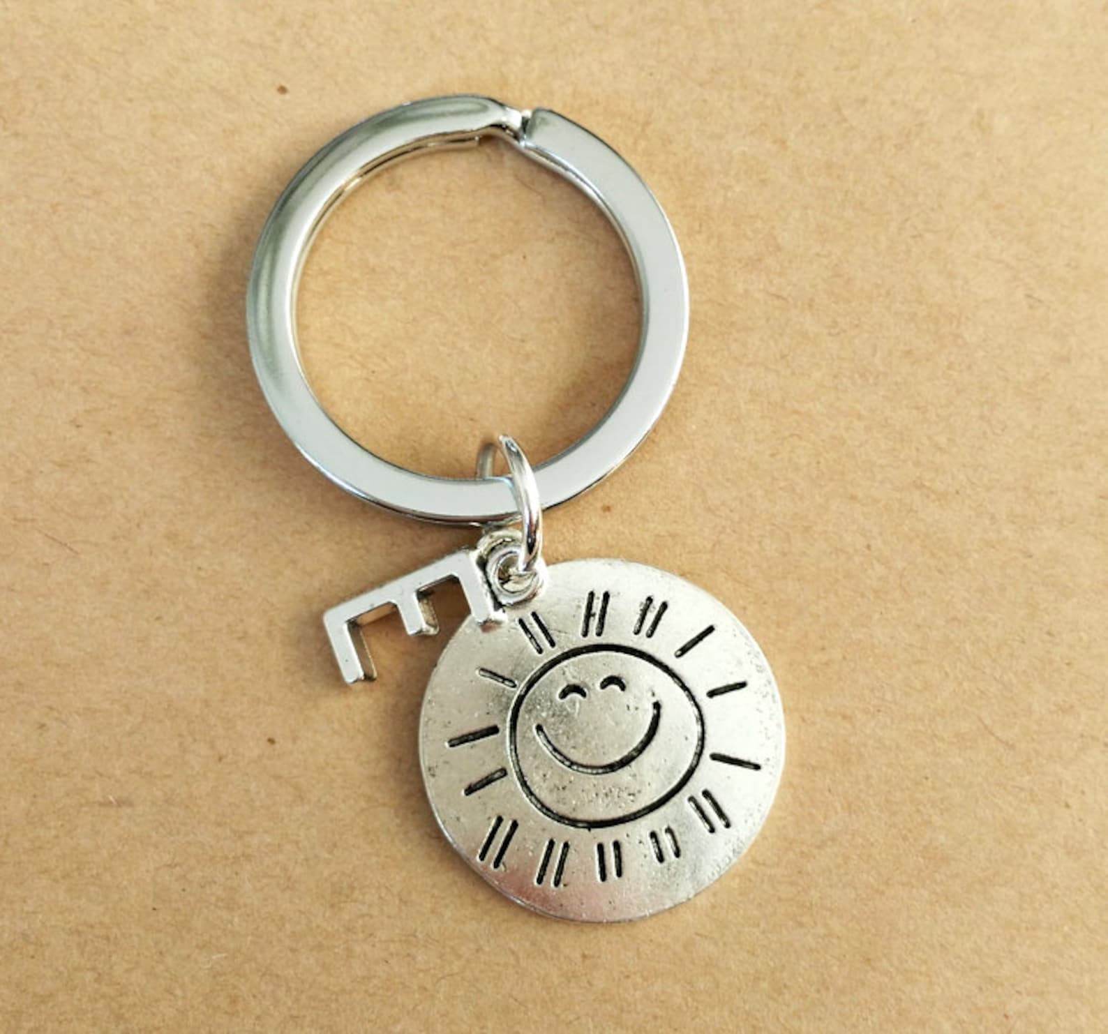 Antique Silver Keychain Sun Smile Charm and Personalized - Etsy