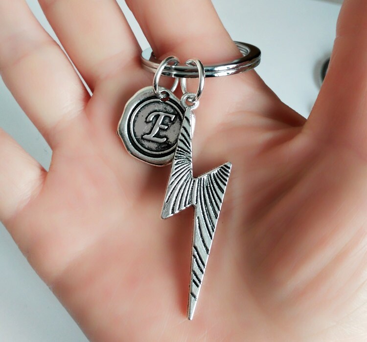 Antique Silver Keychain, Lightning Bolt Charm and Personalized Letter ...