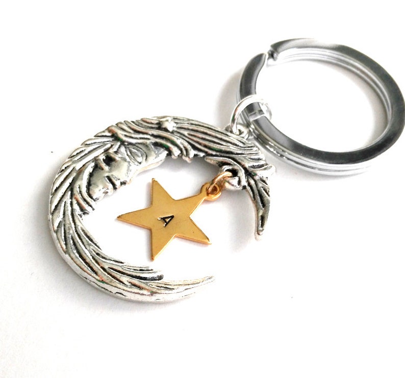 Antique Silver Keychain Lady Moon Charm and Star Letter Key - Etsy