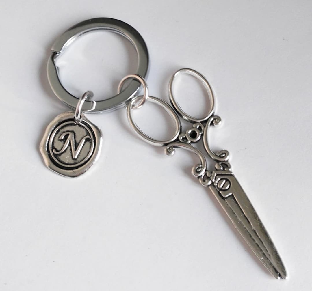 Antique Silver Keychain , Personalized Initial, Scissors Charm ...