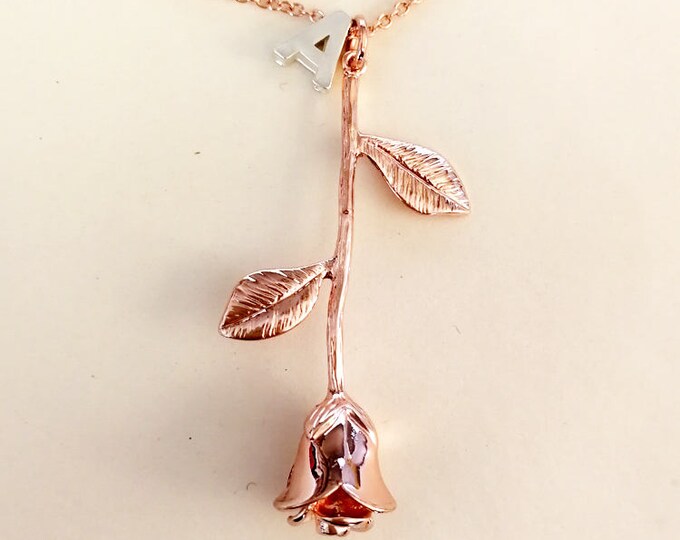 Rose Necklace, Personalized Initial, Rose Golden Rose, Birthday Stone ...