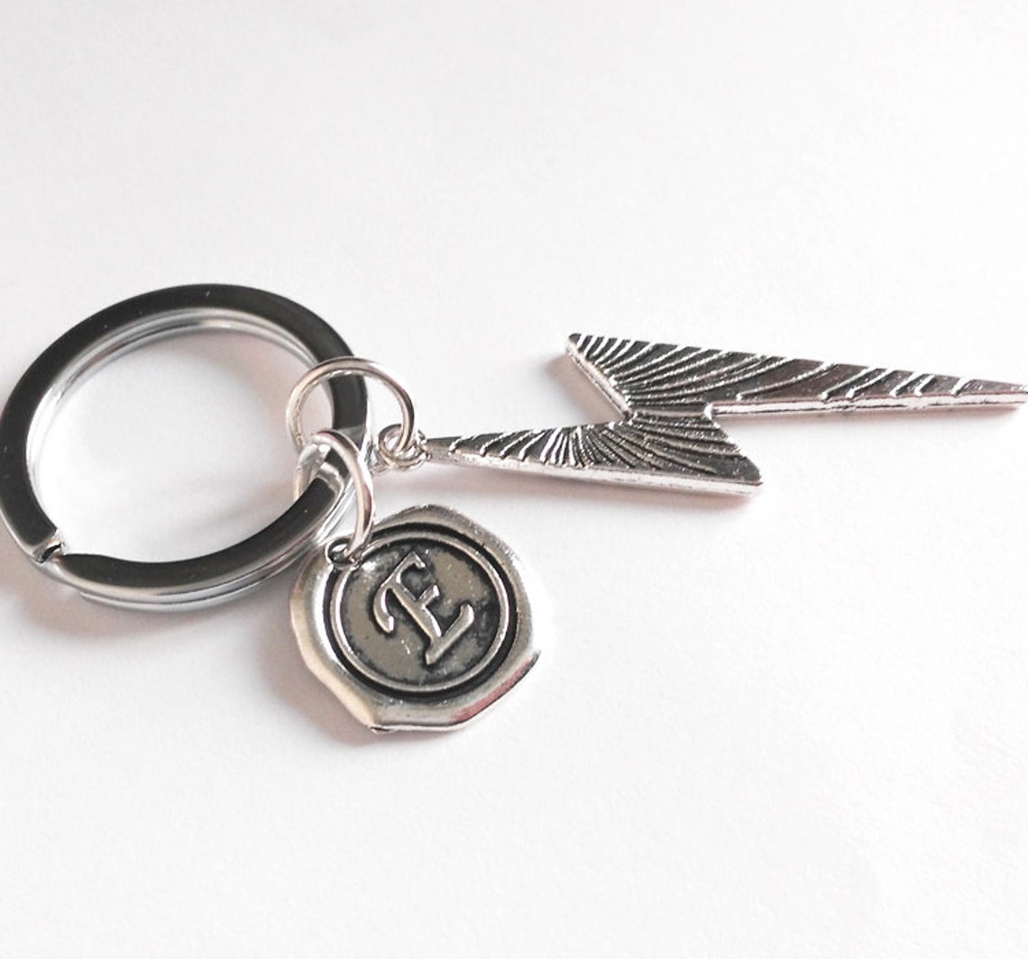 Antique Silver Keychain Lightning Bolt Charm and Personalized - Etsy