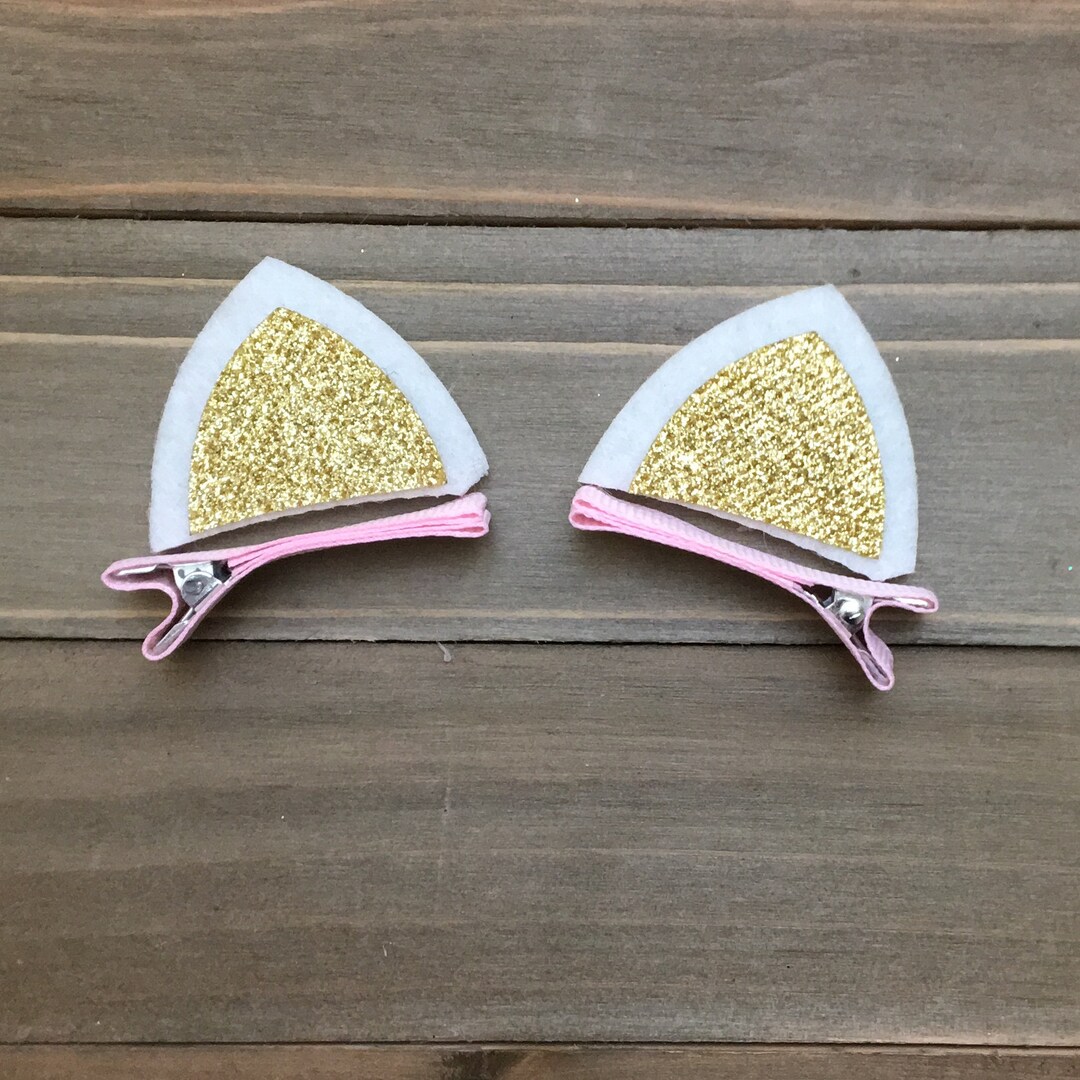 Gold Glitter Cat Ear Hair Clips: White Felt Kitten Clips - Etsy