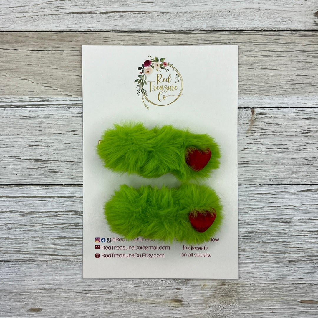Fuzzy Christmas Hair Clip, Green Furry Alligator Clip, Red Heart - Etsy