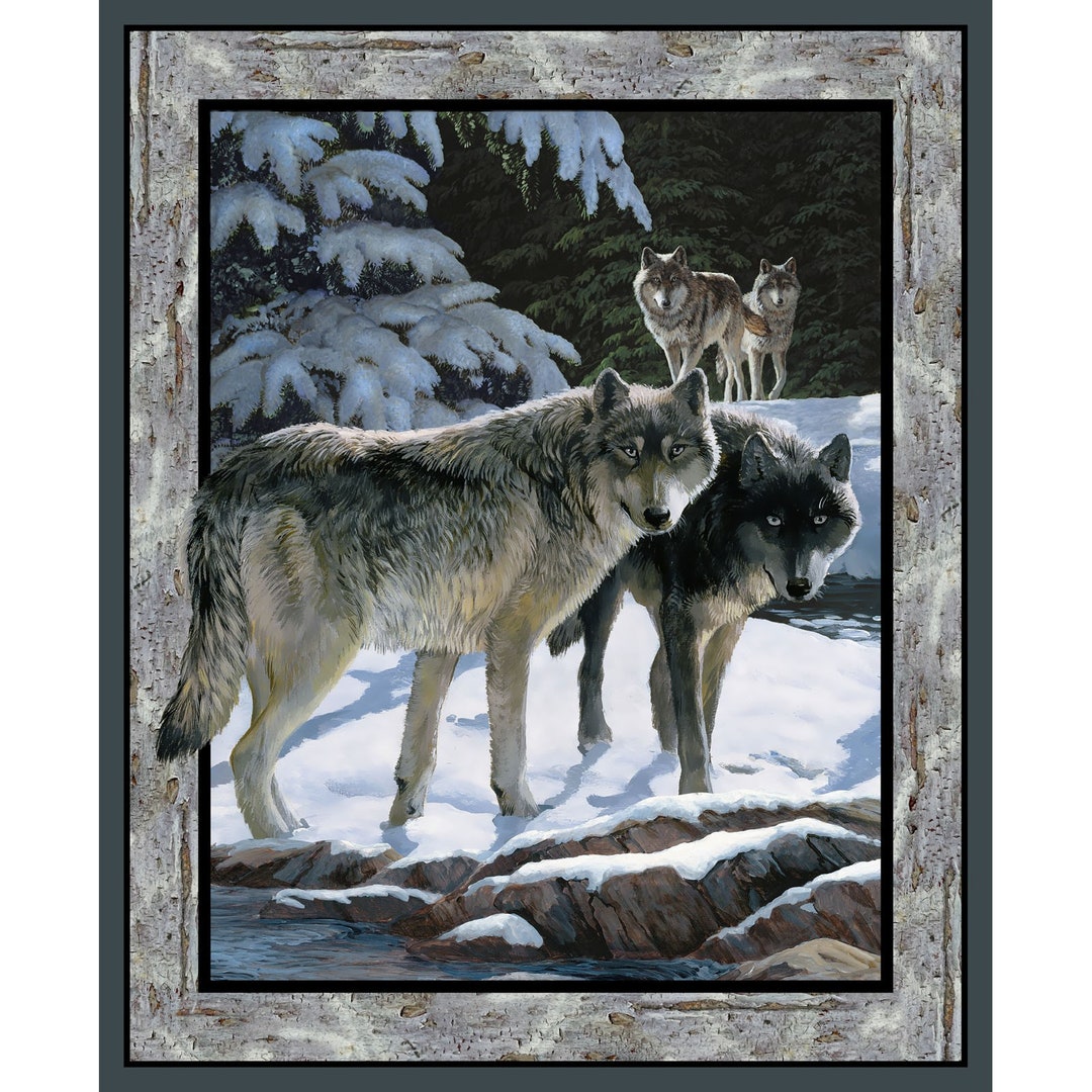 New Large PROWLING SILVER WOLF Pack in Winter Snow in Woods 100% Cotton ...