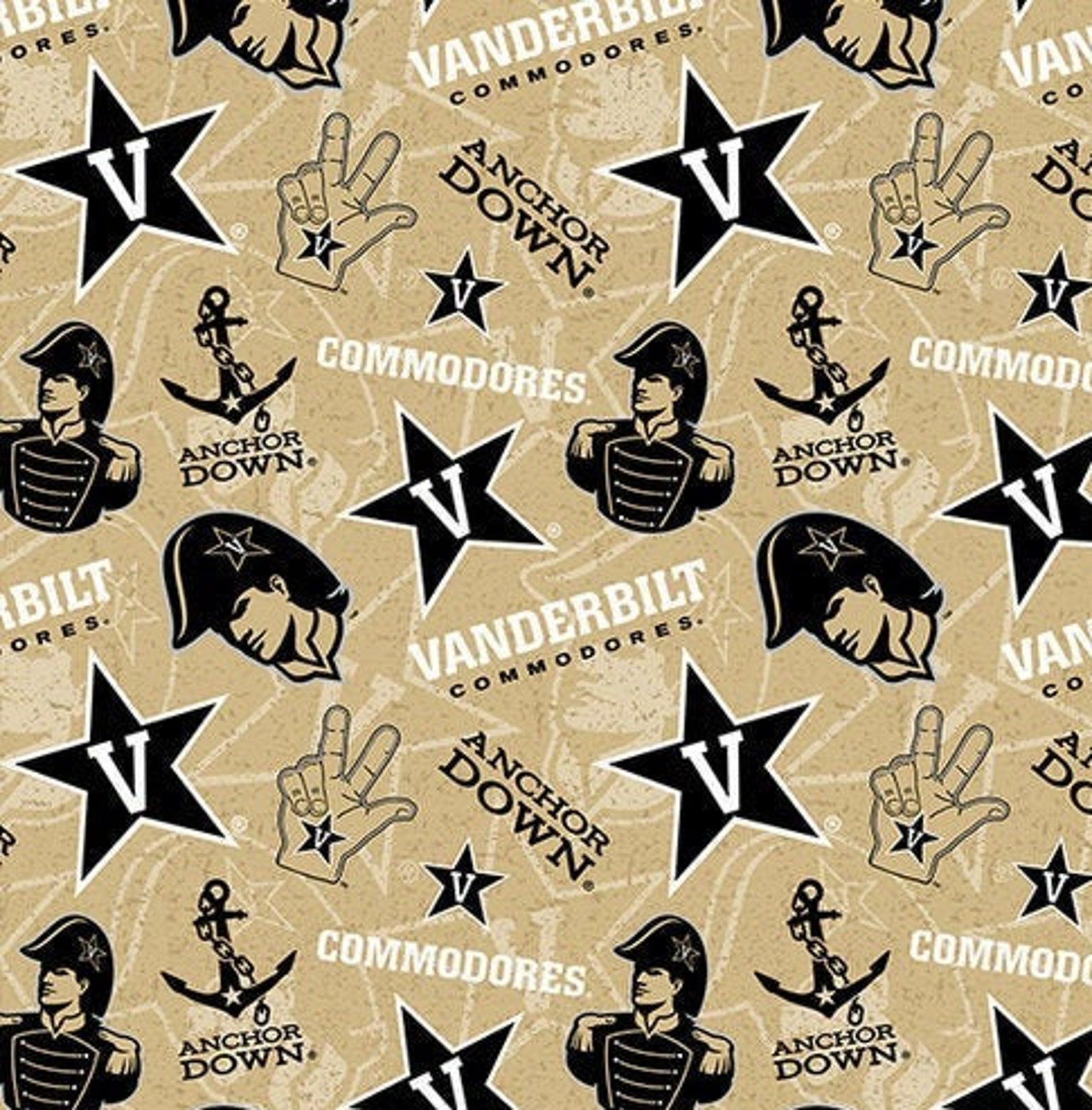 NCAA VANDERBILT COMMODORES Watermark Print Football 100% Cotton Fabric ...