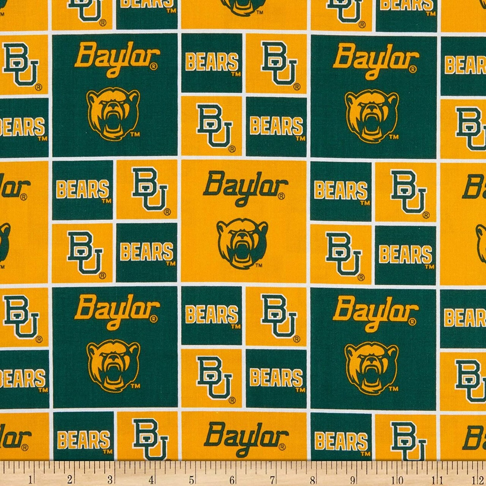 NCAA BAYLOR BEARS Roaring Patchwork Print Football 100% Cotton Fabric ...